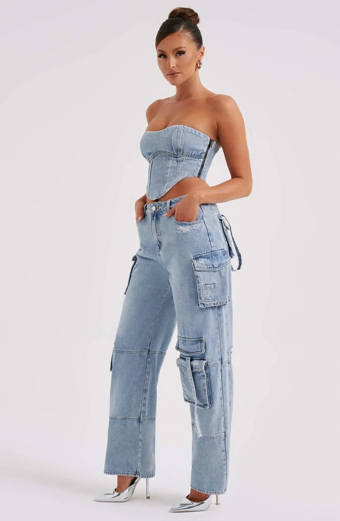 Demy | Denim corset and Cargo Pants Set